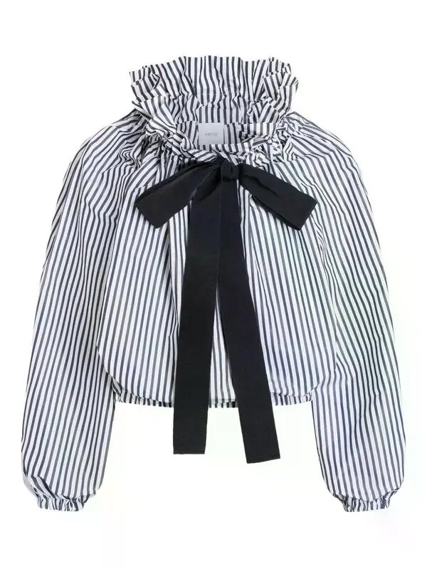 PATOU Striped Ruffled-neck Bow-tie Blouse - Blue