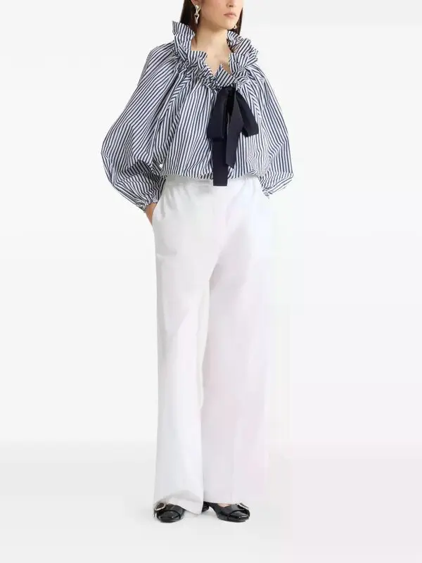 PATOU Striped Ruffled-neck Bow-tie Blouse - Blue