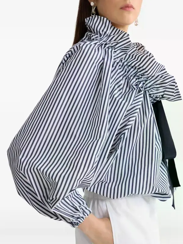 PATOU Striped Ruffled-neck Bow-tie Blouse - Blue