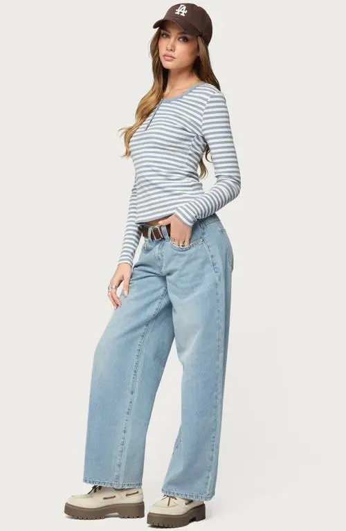 EDIKTED Striped Ribbed Henley Top - Blue