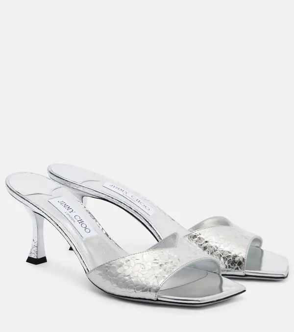 JIMMY CHOO Skye 70 Metallic Leather Mules - Silver