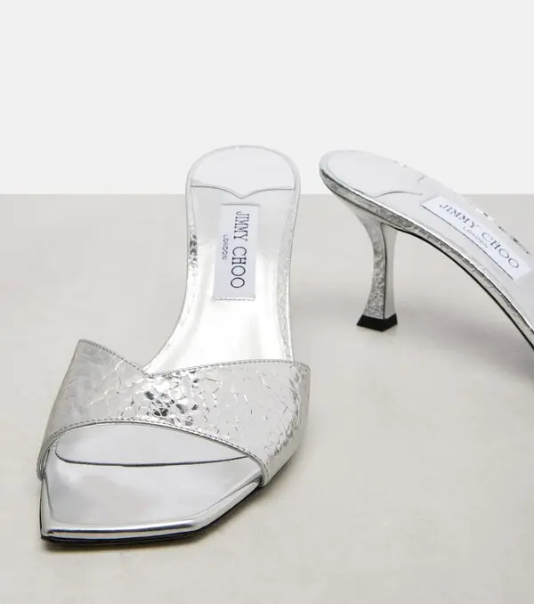JIMMY CHOO Skye 70 Metallic Leather Mules - Silver