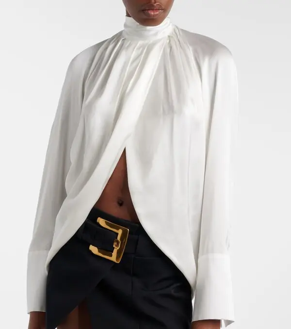 Balmain Draped Silk Satin Blouse - White