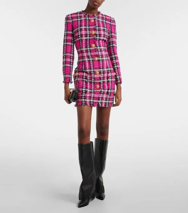 Balmain Plaid Cotton And Wool-blend Minidress