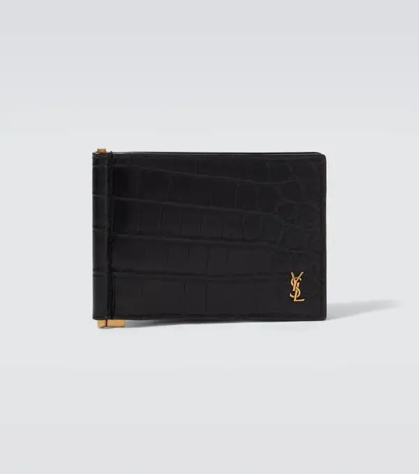 Saint Laurent Tiny Cassandre Croc-effect Leather Wallet - Black