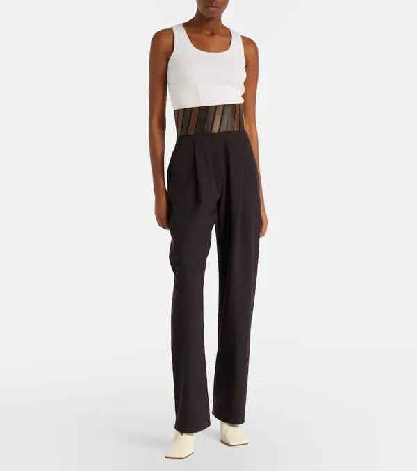 Alaïa Leather-trimmed Wool Straight Pants
