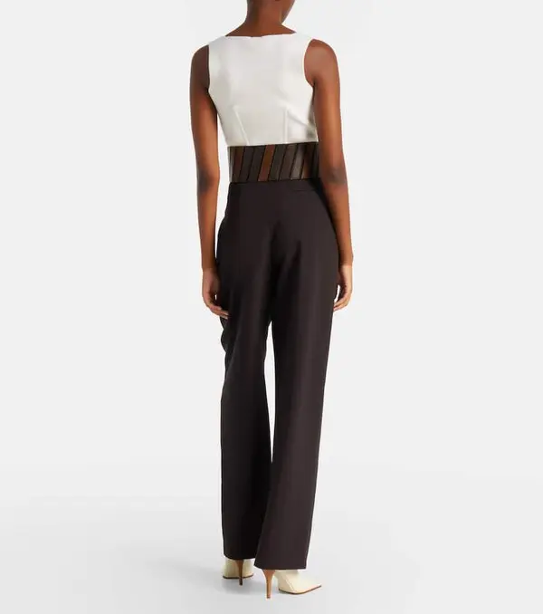 Alaïa Leather-trimmed Wool Straight Pants