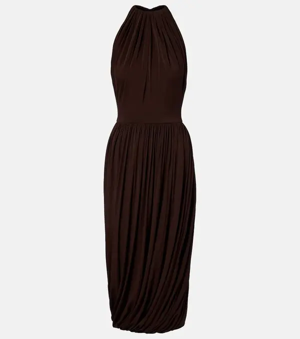 Alaïa Gathered Pleated Halterneck Midi Dress - Brown