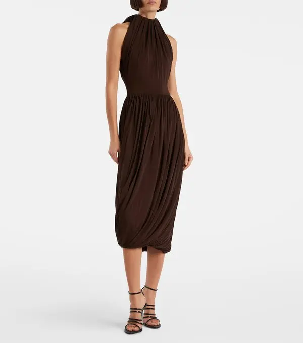 Alaïa Gathered Pleated Halterneck Midi Dress - Brown