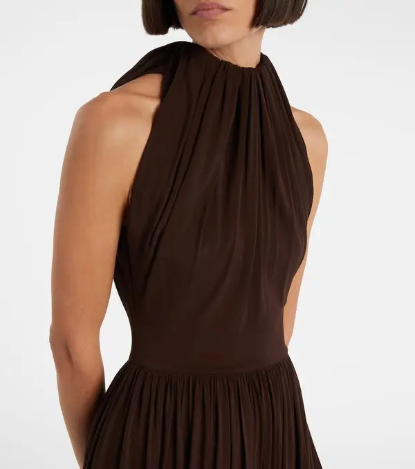 Alaïa Gathered Pleated Halterneck Midi Dress - Brown