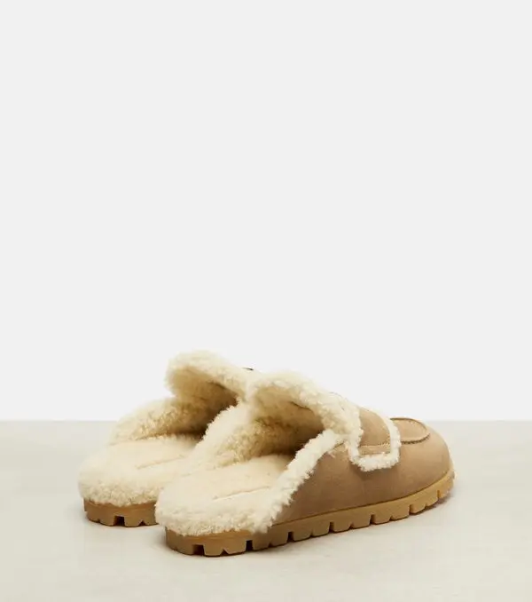 Prada Shearling-lined Suede Mules - Beige