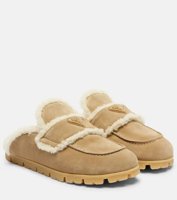 Prada Shearling Lined Suede Mules - Beige