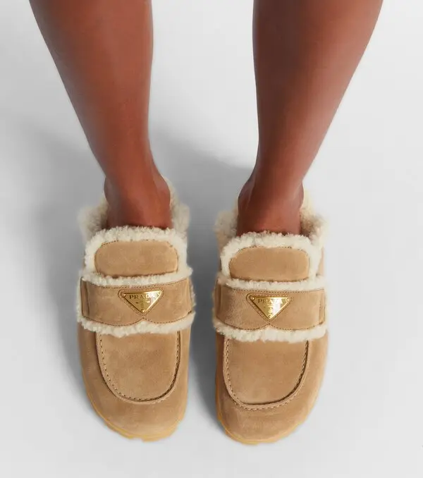 Prada Shearling Lined Suede Mules - Beige