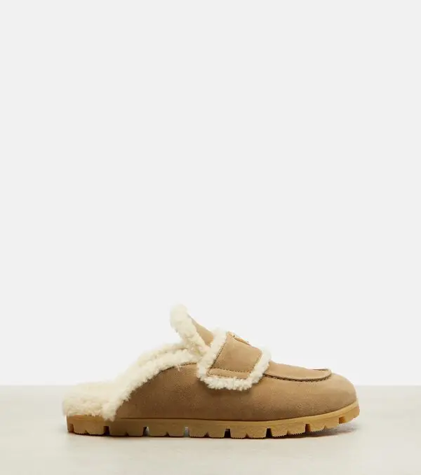 Prada Shearling Lined Suede Mules - Beige