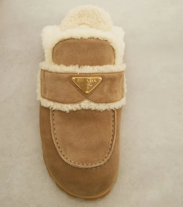 Prada Shearling Lined Suede Mules - Beige