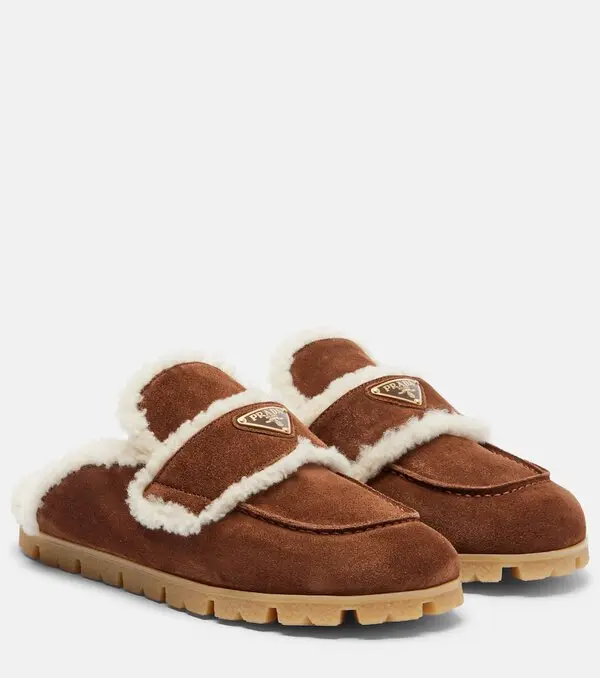 Prada Shearling-lined Suede Mules - Brown