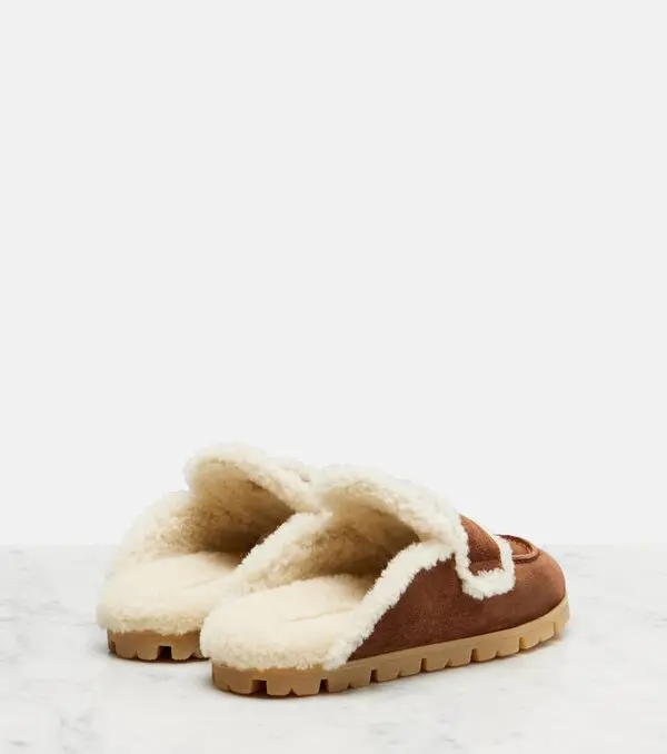 Prada Shearling-lined Suede Mules - Brown
