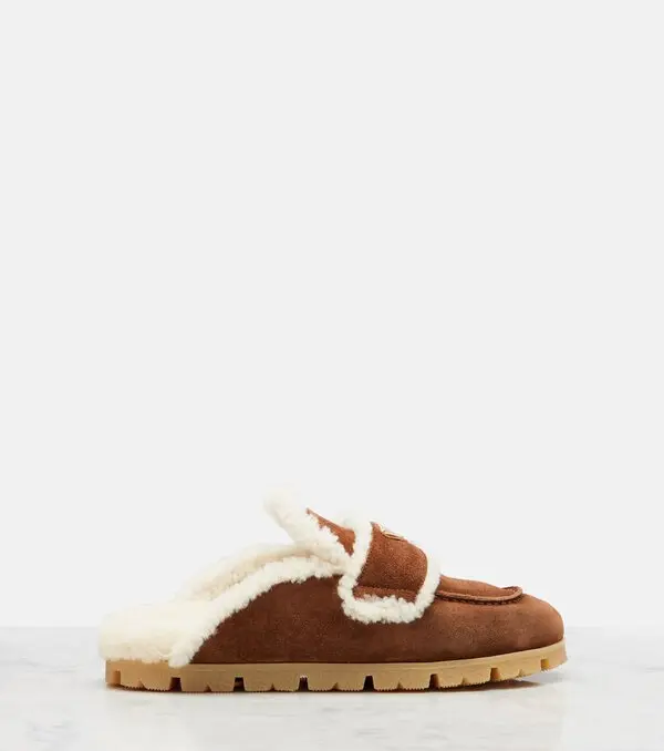Prada Shearling-lined Suede Mules - Brown