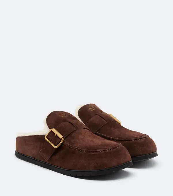 Prada Shearling-lined Suede Mules - Brown