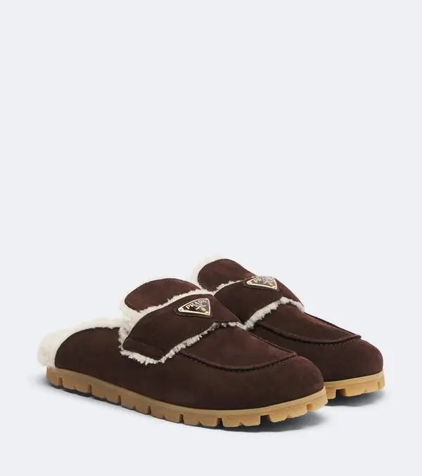 Prada Shearling-lined Suede Mules - Brown
