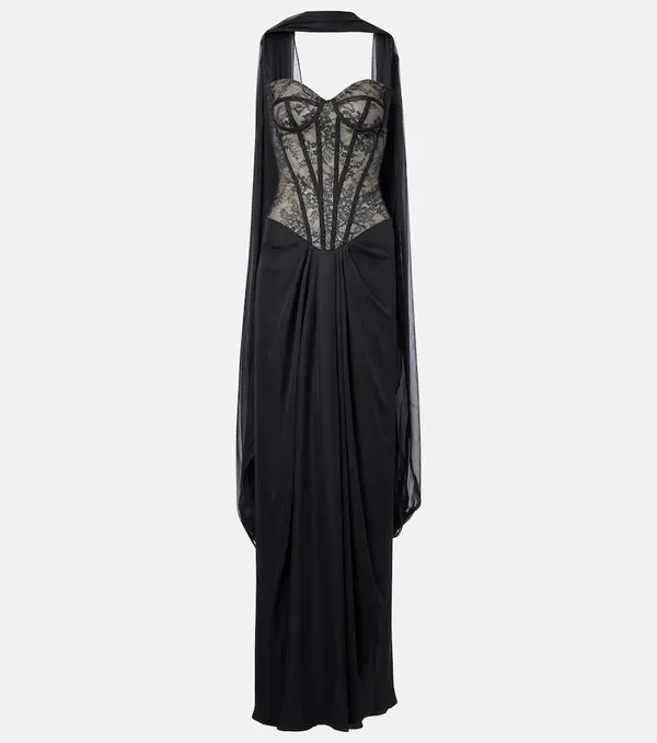Monique Lhuillier Scarf-detail Draped Lace Gown - Black