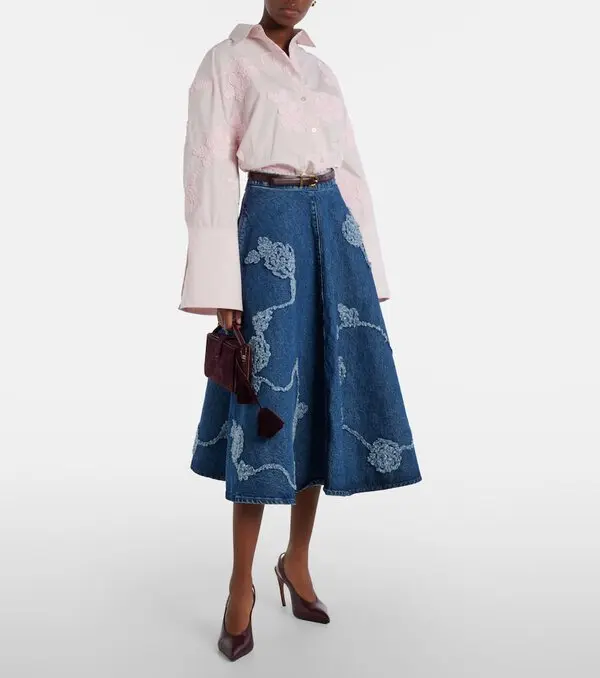 ROTATE BY BIRGER CHRISTENSEN Berty Embroidered Denim Midi Skirt