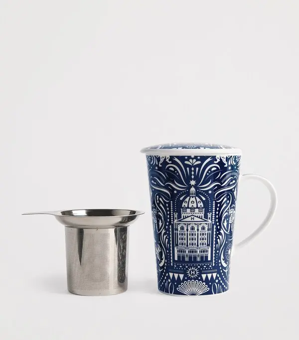 Harrods Bone China Knights Of Brompton Mug And Tea Strainer