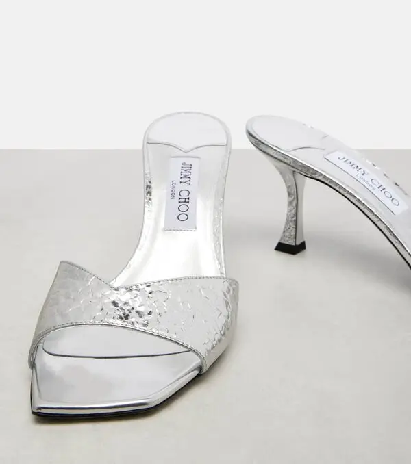 JIMMY CHOO Skye 70 Metallic Leather Mules - Silver