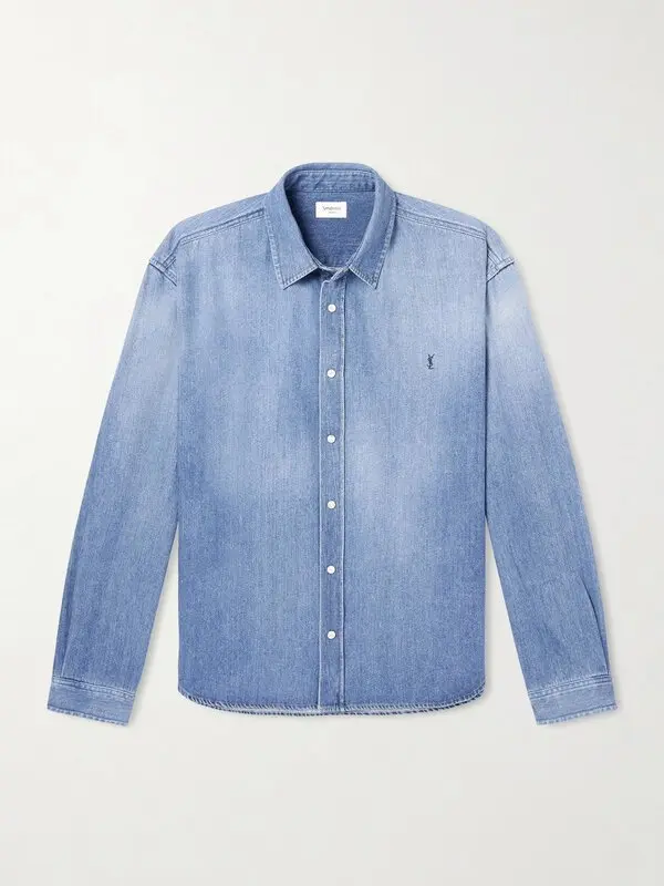 Saint Laurent Logo-embroidered Denim Shirt - Blue