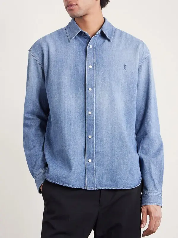 Saint Laurent Logo-embroidered Denim Shirt - Blue