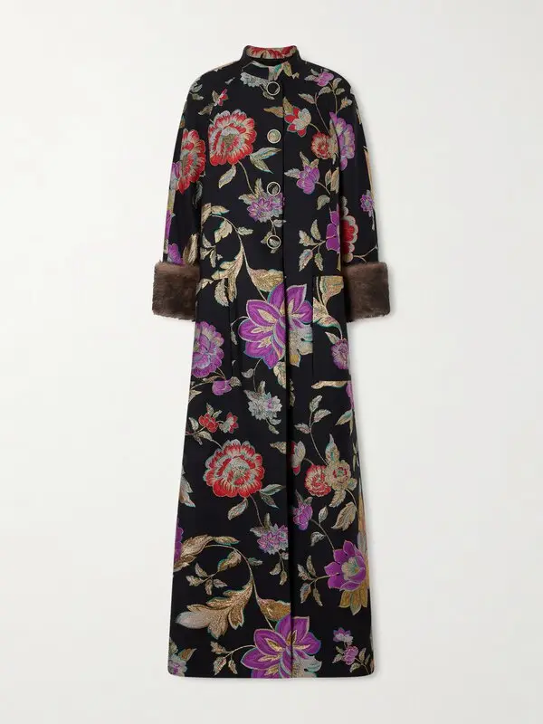 Valentino Garavani Shearling-trimmed Floral-brocade Wool-blend Coat