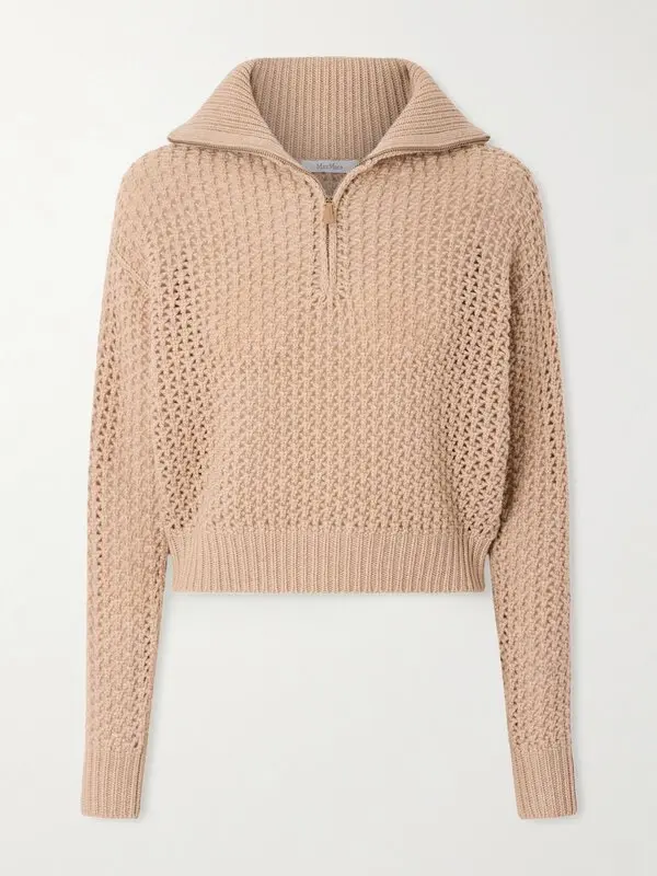 Max Mara Open-knit Metallic Wool-blend Half-zip Sweater - Neutrals
