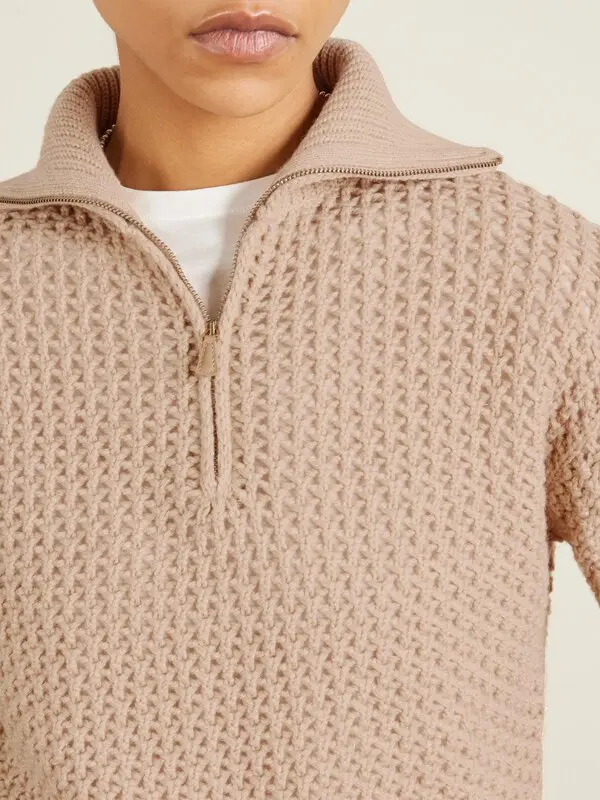 Max Mara Open-knit Metallic Wool-blend Half-zip Sweater - Neutrals