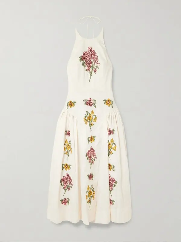 Agua Bendita Embellished Embroidered Linen Halterneck Midi Dress - Neutrals