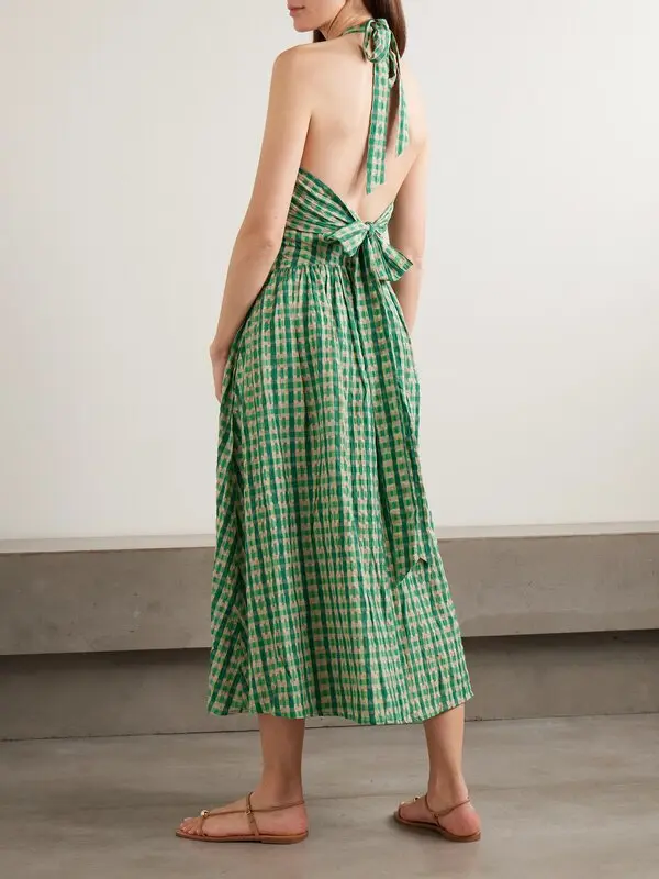 slim fit dress slacks Rosie Assoulin Halter in The Name of Love Dress Navy Check 10 main image 0