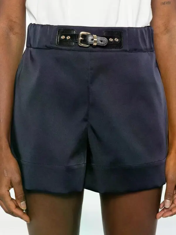 Maje Navy Satin High-waisted Belted Shorts