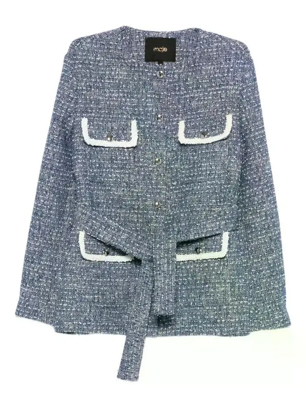 Maje And White Tweed Belted Jacket With Contrast Trim