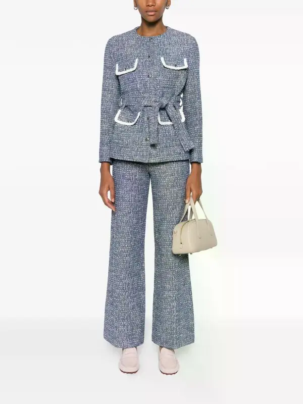 Maje And White Tweed Belted Jacket With Contrast Trim