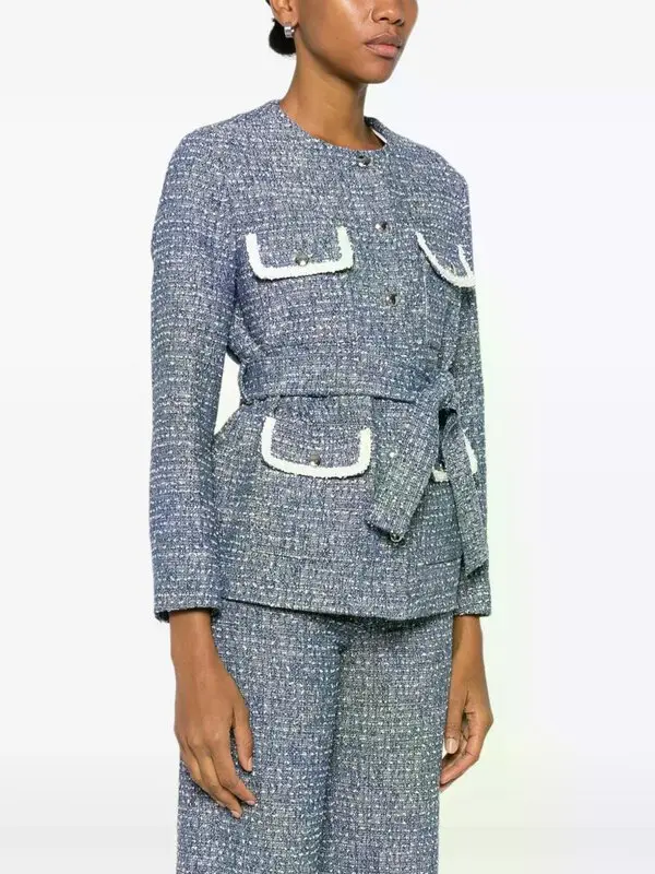 Maje And White Tweed Belted Jacket With Contrast Trim