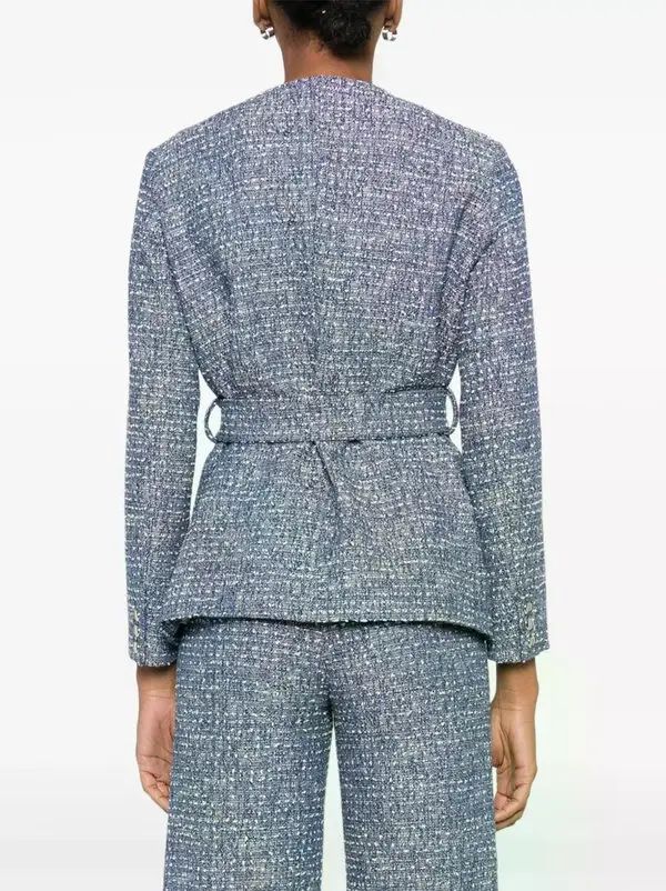Maje And White Tweed Belted Jacket With Contrast Trim