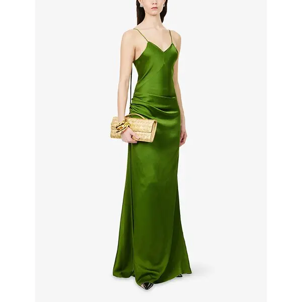 Victoria Beckham Draped Backless Satin Maxi Dress - Algae | Editorialist