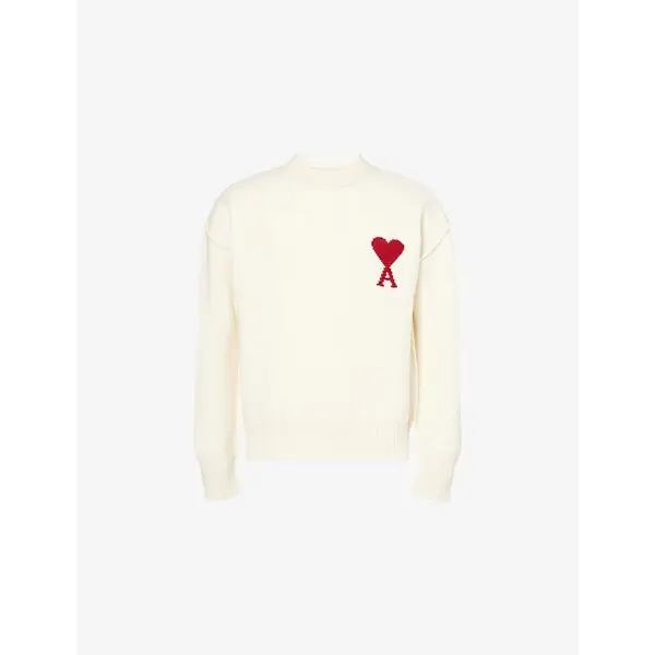 Ami Logo-knit Wool Jumper - Ecru/rouge