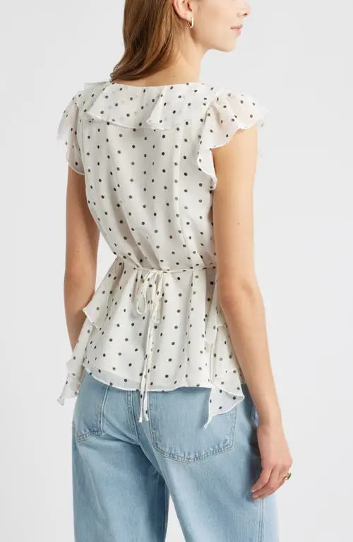 OPEN EDIT Chiffon Ruffle Top - Ivory- Black Corner Dot