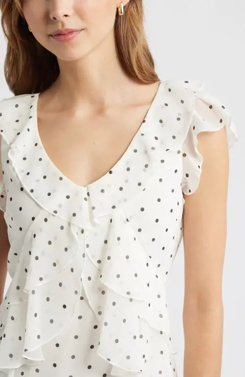 OPEN EDIT Chiffon Ruffle Top - Ivory- Black Corner Dot