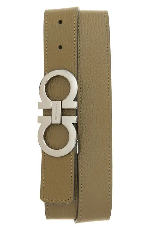 FERRAGAMO Double Gancio Leather Belt - New Olive Nero