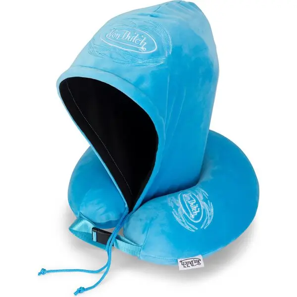 VON DUTCH Pinstripe Hooded Memory Foam Travel Neck Pillow - Blue