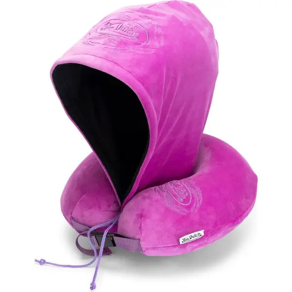 VON DUTCH Pinstripe Hooded Memory Foam Travel Neck Pillow - Purple