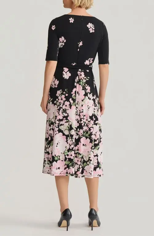 KASPER Floral Tie Belt A-line Dress - Black/tutu Multi
