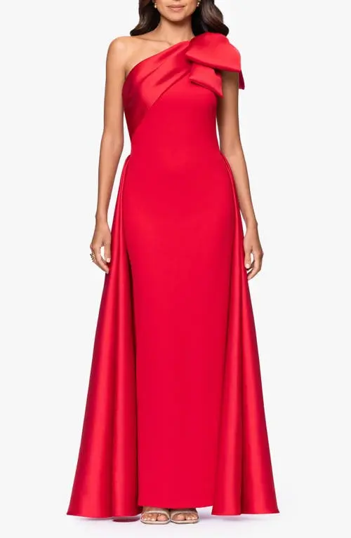 Betsy & Adam Bow One-shoulder Mikado Gown - Red
