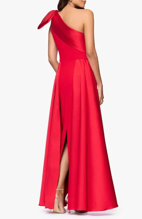 Betsy & Adam Bow One-shoulder Mikado Gown - Red